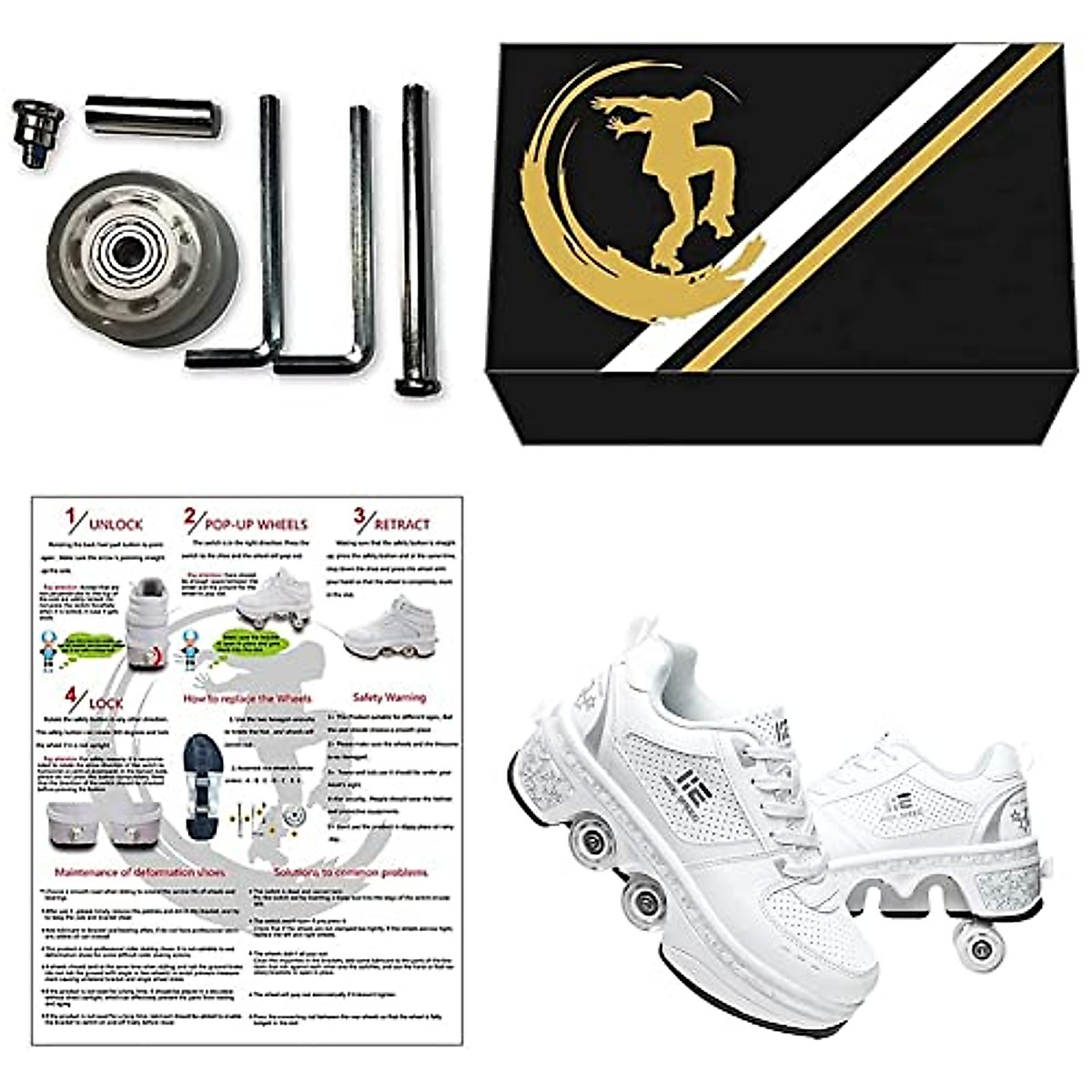 KOFUBOKE Unisex Deformation Roller Skate Shoes Kids Double-Row Walking Shoes with Invisible Wheels Adult 2 in 1 Removable Pulley Parkour Skating (White Without Light, 2.5)