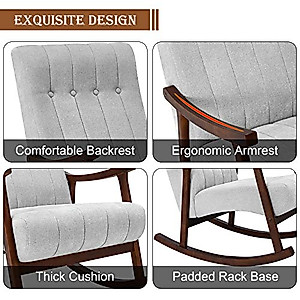 AVAWING Upholstered Rocking Chair with Fabric Padded Seat,Comfortable Rocker Solid Wood for Living Room,Modern High Back Armchair,Adult Single Sofa,Old Man Chair (Grey)