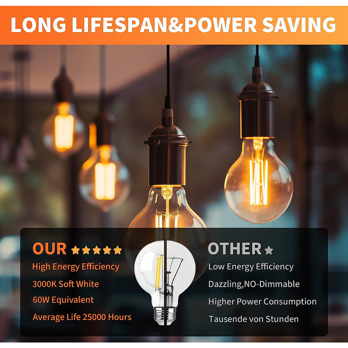 ALAMPEVER G25 Globe Light Bulbs 60 Watt, Vanity Lights LED Bulbs, Dimmable Decorative E26 Light Bulb 3000K Soft White, 800LM, 4PACK