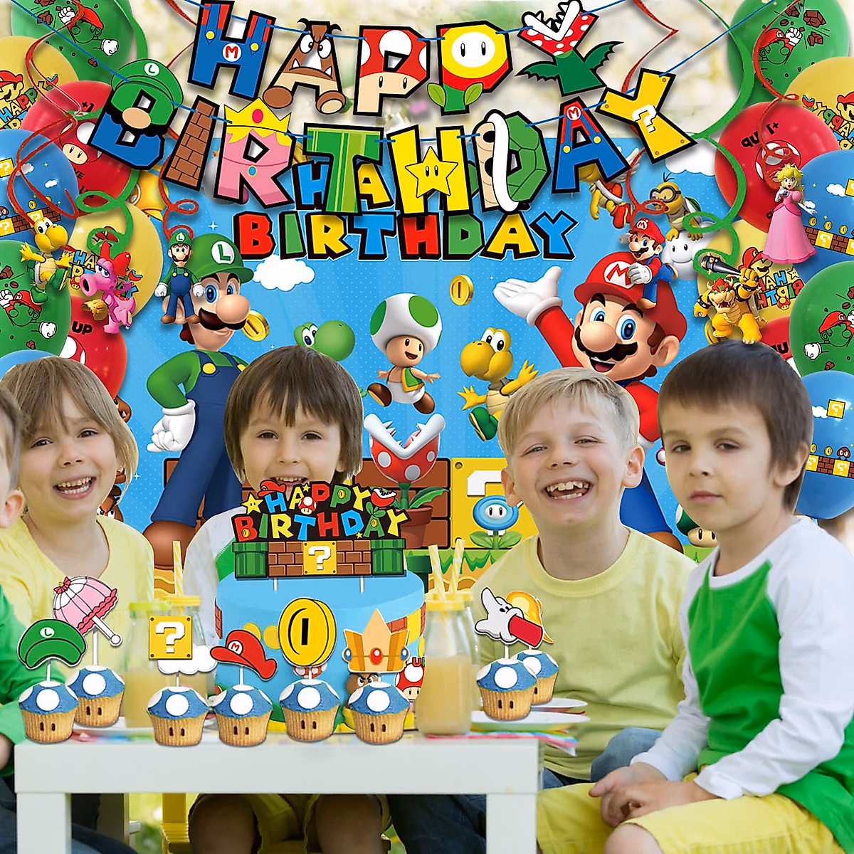 Mario Birthday Party Supplies Decorations Mario Backdrop Banner Cake Topper Balloons for Mario Birthday Party Favors