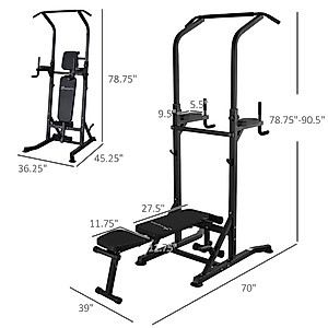 Soozier Pull Up Dip Station, Foldable Power Rack with Adjustable Weight Bench, Multi-Function Power Tower Workout Station for Home Gym Strength Training