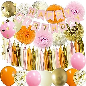 ANSOMO Pink and Orange Happy Birthday Party Decorations Hot Pink Gold Banner Balloons Décor Supplies Women Girls Teens Her Tassel Garland Tissue Pom Poms