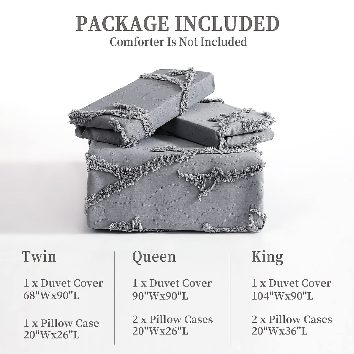 Queen Size Duvet Cover Set - 3-Piece Shabby Chic Branches Tufted Embroidery Duvet Cover Set for All Seasons, Grey, 90 x 90 Inch