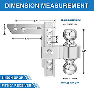 TOLEAD Adjustable Trailer Hitch, Fits 2" Receiver, 6" Drop/Rise Aluminum Hitch, 12,500 LBS GTW, 2" and 2-5/16" Double Hitch Ball Mount, Tow Hitch with Double Anti-Theft Pins Locks, Silver