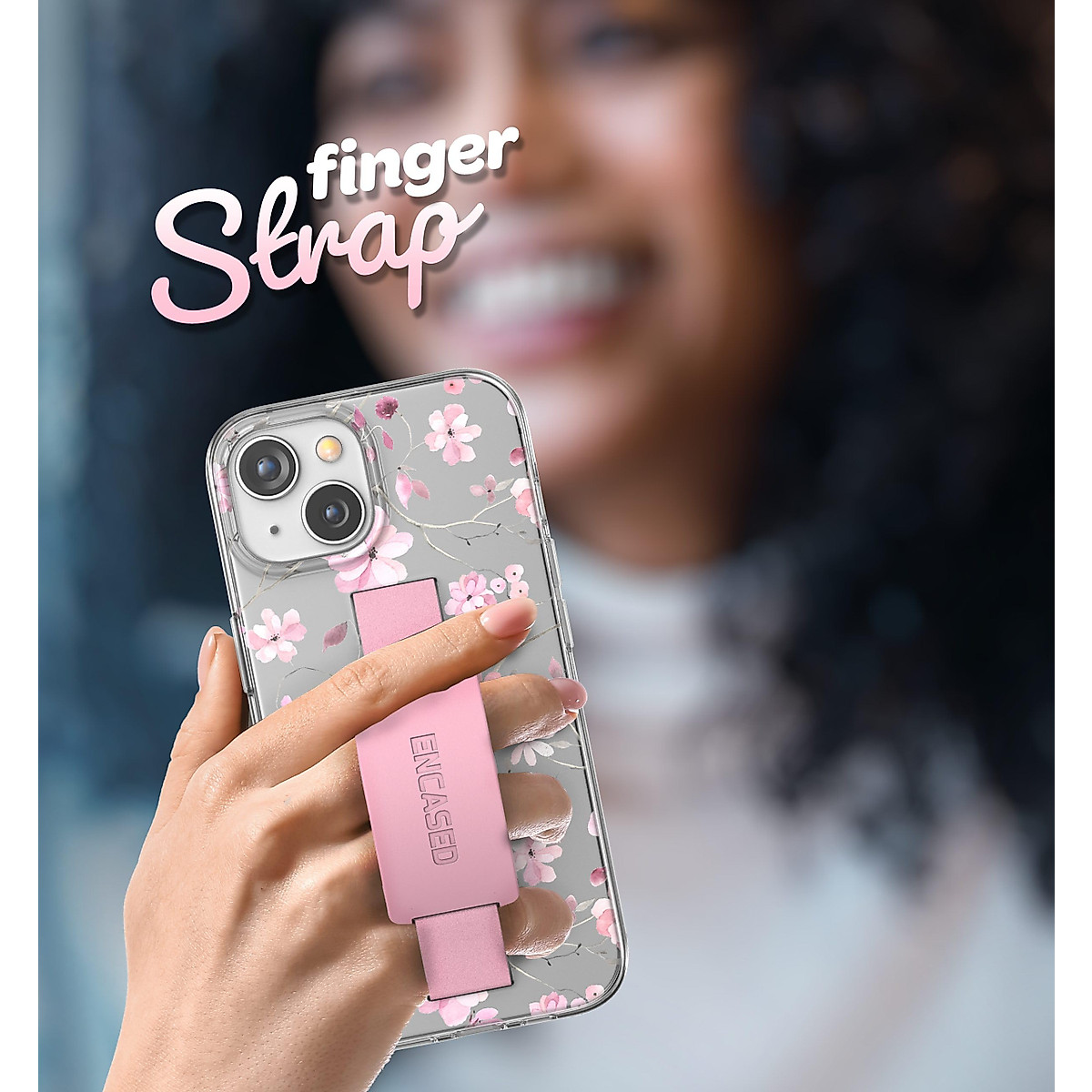 ENCASED Finger Loop Case, Designed for iPhone 15 Plus (2023) Hand Strap Clear Cover with Silicone Grip Phone Holder (Pink Flowers)