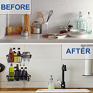 R FLORY Shower Caddy Shower Organizer Shelf with Hooks No Drilling Self Adhesive Hanging Rustproof Storage Holder Stall Basket for Bathroom Kitchen Shelf Rack Stainless Steel Black-2 Pack