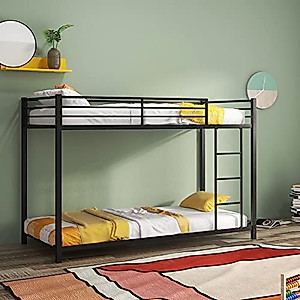 KOMFOTT Metal Low Bunk Bed Twin Over Twin, Heavy Duty Bunk Bed Frame with Ladder & Full-Length Guardrails, Metal Slatted Floor Bed Frame for Teens & Adults, No Box Spring Needed (Black)