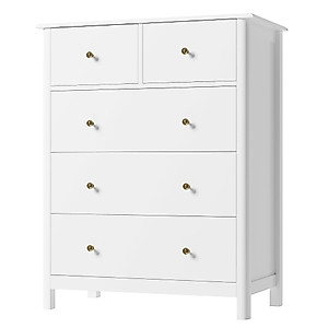 HOUSUIT White Dresser with 5 Drawers, Tall Dresser Chest of Drawers, 5 Drawer Dresser with Deep Space, Wood Dresser Storage Cabinet for Living Room, Hallway, Office, White
