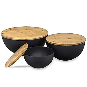 Bremel Home Salad Bowl with Lid - Large Salad Bowl Set of 3 with Wooden Lids, Bamboo Fibre like Melamine Mixing Bowl & Storage Set for Serving Salad, Salad Serving Bowl Set for Pasta, Popcorn, Chips