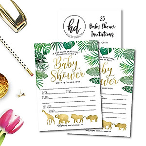 25 Safari Baby Shower Invitations, Sprinkle Invite for Boy or Girl, Gender Neutral Reveal Jungle Animal Theme, Cute Printed Fill or Write In Blank Printable Card, Coed Twin Party Stock Paper Supplies