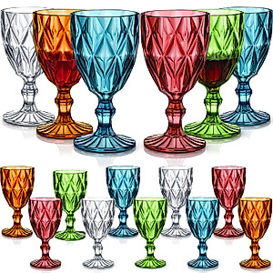 Zhehao 16 Pcs Acrylic Vintage Wine Glasses 12 oz Embossed Pattern Colored Wine Glasses Shatterproof Reusable Drinkware Set Champagne Plastic Goblets Clear Drinking Cups for Wedding Party Bar 5 Colors