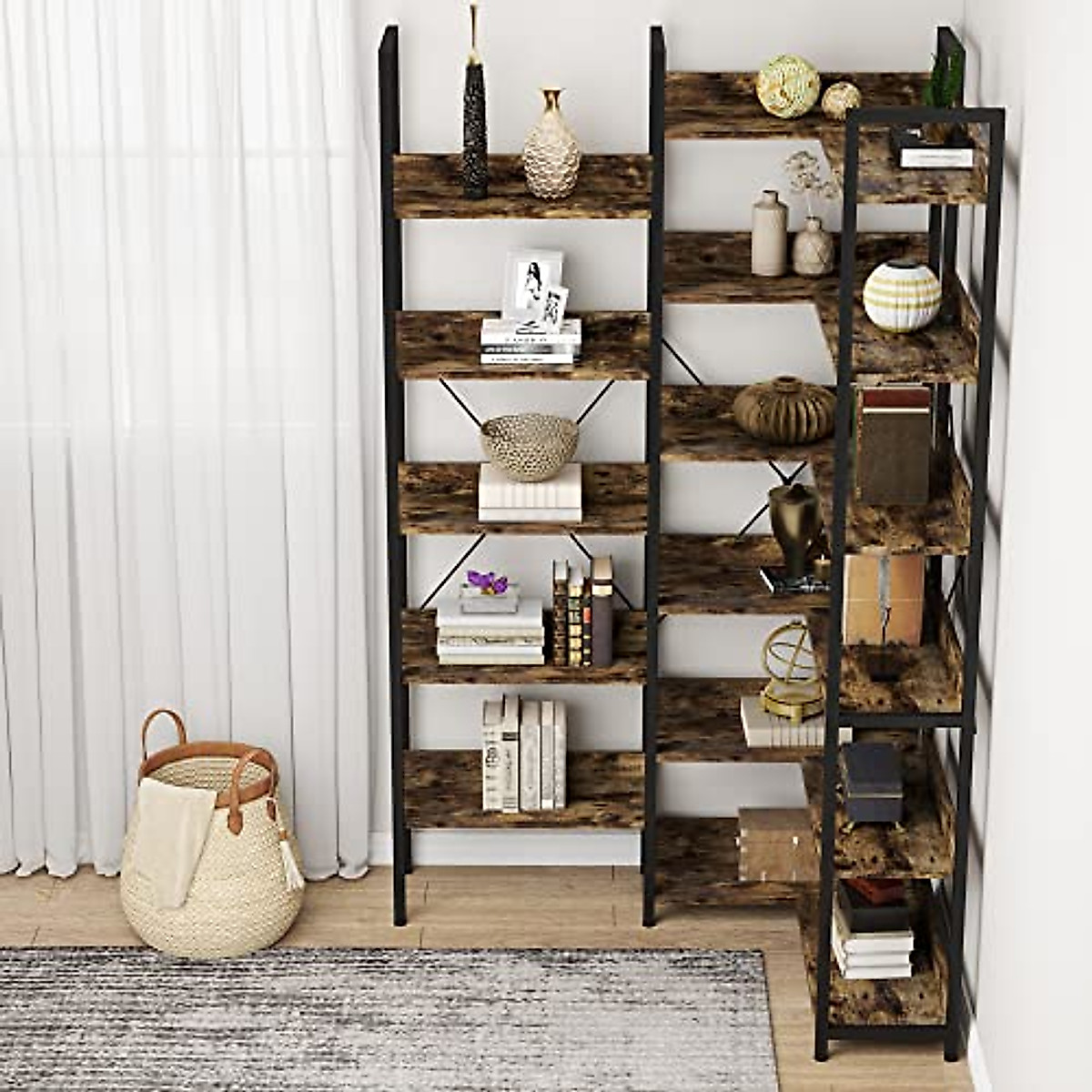 PAKASEPT 6-Shelf Corner Bookshelf, Triple Wide 6-Tier Bookcase, Large Modern Corner Shelf with Metal Frame, Open Bookshelves for Living Room Home Office, Rustic Brown