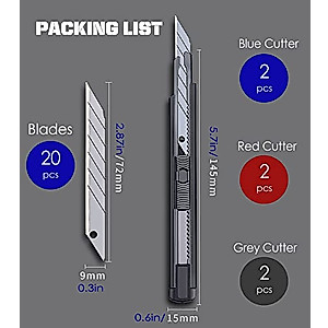 URASISTO 6 Pack Utility knife Retractable with 30 Degree Snap Off Blade Lockable Cardsharp Box Cutter Knife with Extra 20 Sharp Blades for Heavy Duty Office, Home, Arts Crafts, Hobby