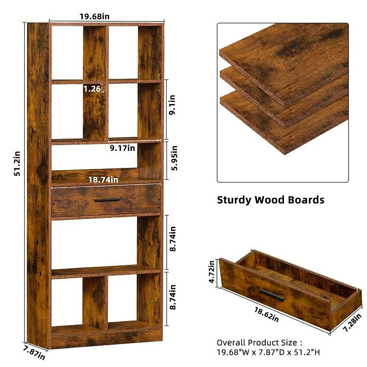 LELELINKY 6 Tier Open Bookshelf Mid Century Modern Bookcase, Wood Book Shelf with 8 Cubes and a Drawer, Floor Freestanding Bookshelves Cube Storage Organizer for Bedroom, Living Room, Office (Brown)
