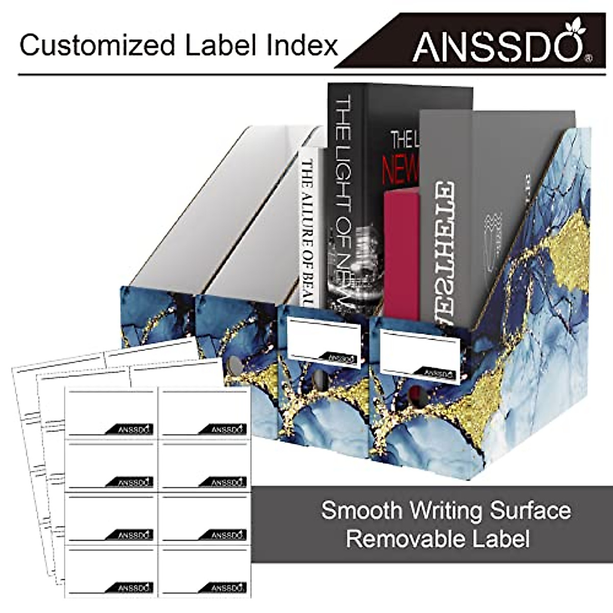 ANSSDO 6 Pack Cardboard Magazine Holder Premium Magazine File Holder Organizer, Magazine File Organizer, Large Volume Magazine Storage Box as Book Bins or Folder Holder for Desk -Blue Gold 6 Pack