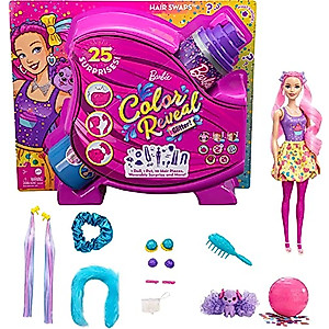 Barbie Color Reveal Glitter! Hair Swaps Doll, Glittery Pink with 25 Hairstyling & Party-Themed Surprises Including 10 Plug-in Hair Pieces, Gift for Kids 3 Years Old & Up