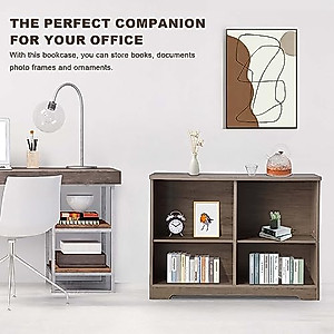 Grey Bookcase with Open Adjustable Shelves, 2-Tier Bookcase 4 Cube Bookshelf Organizer, Small Bookcase Wood Storage Display Cabinet for Living Room, Office, Classroom, Kid’s Room.