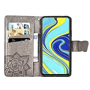 COTDINFORCA Case for Redmi Note 9 Pro, Redmi Note 9S Case Flip Card Cash Leather Wallet Case Embossed Butterfly PU Shockproof Case Cover for Xiaomi Redmi Note 9 Pro Max SD Flower Butterfly Gray