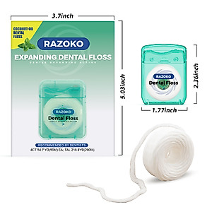 RAZOKO Coconut Oil Dental Floss Expanding Dental Floss Suitable for Wide Spaces (55 Yards, 4 Count) - Mint Flavor