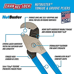 Channellock 410 1-1/8-Inch Jaw Capacity 9-1/2-Inch Double Tongue and Groove Plier , Blue
