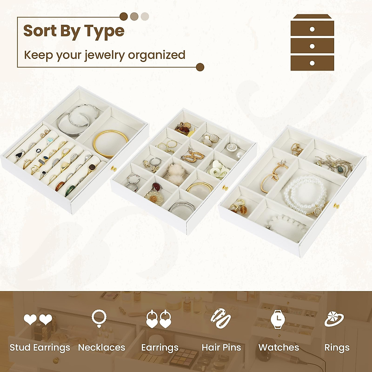 HAUOMS Makeup Vanity with Lights & Sliding Mirror, Vanity Desk with Jewelry Organizer, Glass Cabinet & 5 Drawers, Dressing Table, Modern White