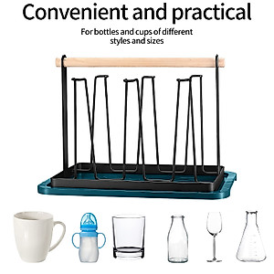wugongshan Water Bottle Drying Rack, Cup Drying Rack, Coffee Mugs Wine Glass Drying Rack, Tumbler Bottle Drying Drainer Stand with Wood Handle & Removable Draining Tray for Kitchen Countertop