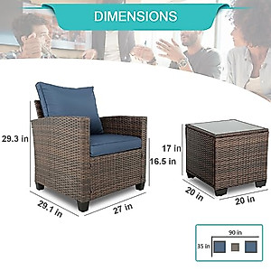 Furnimy 3 Pieces Patio Furniture Set Rattan Outdoor Sectional Conversation Sets 2 Single Chair w/Washable Cushion and Tempered Glass Tabletop for Balcony, Garden, Backyard(Brown+Navy Blue)