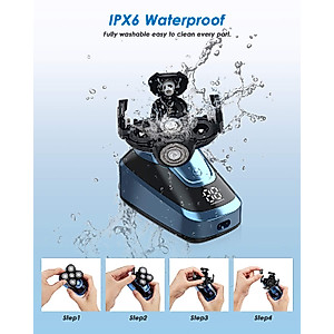 Electric Shavers for Men Bald Head Shaver LED Display 5-in-1 Faster-Charging 5D Floating Waterproof Electric Rotary Shaver with Clipper Nose Hair Facial Clean Waterproof