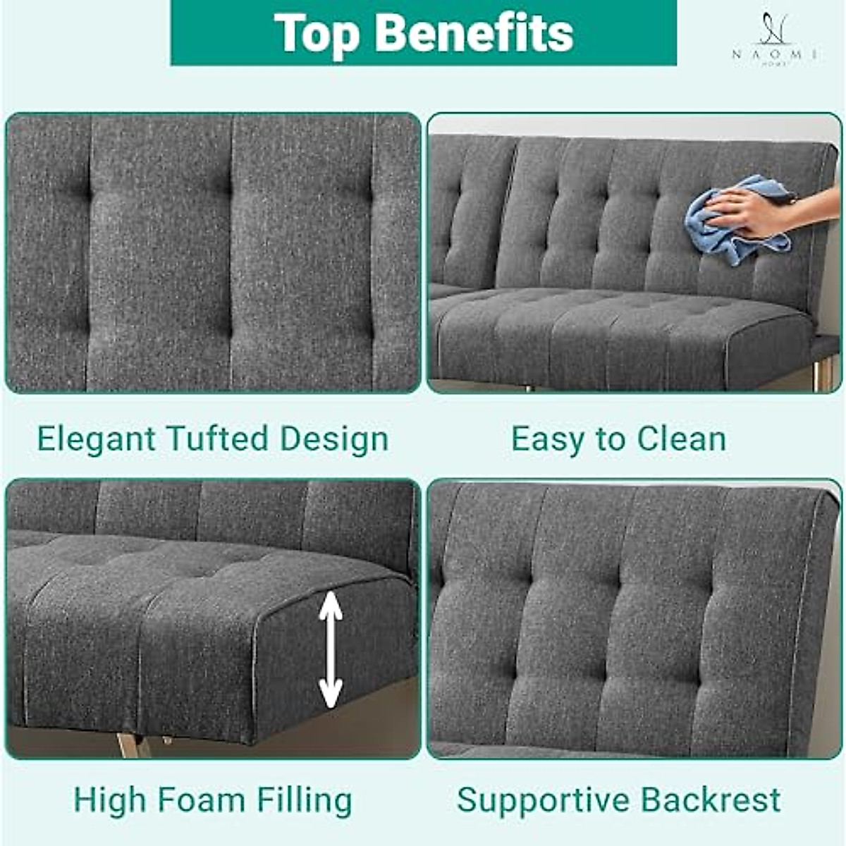 Naomi Home Tufted Split Back Futon Convertible Sofa Bed, Futon Couches for Living Room, Linen Futon Couch Bed with Chrome Legs, Folding, Reclining Small Convertible Sofa Bed, Gray