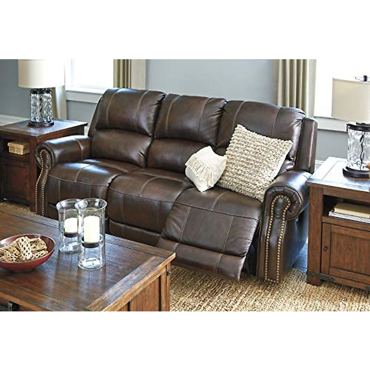 Signature Design by Ashley Buncrana Traditional Power Reclining Sofa with USB Charging Port, Brown