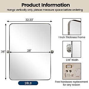MOON MIRROR Brushed Nickel Pivot Rectangle Bathroom Mirror, Modern Tiltable Rounded Rectangular Pivoting Vanity Mirrors for Wall, Stainless Steel Metal Frame, Overall 32.33 x 36 in (Mirror 28x 36 in)