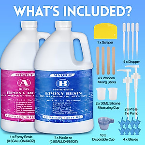 Myqiuf Epoxy Resin Kit, 1 Gallon/128OZ Epoxy Resin Crystal Clear Not Yellowing No Bubble Self Leveling for DIY Molds Wood Jewelry Table Tops Bar Top Casting Coating Crafts Supplies Easy Mix 1:1 Ratio