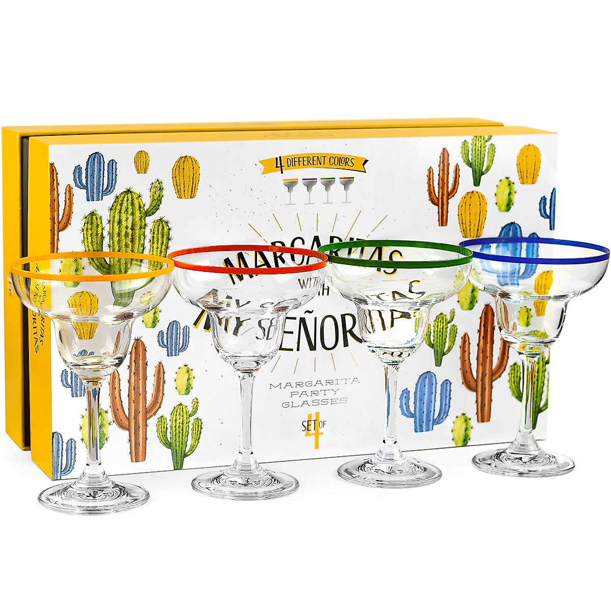 10 oz Margarita Cocktail Glasses + Colorful Party Rims | Set of 4 | Classic Frozen Drinks Stemware + Fun Cactus Gift Box | Thick Stem, Heavy Duty, Clear Hand Blown Glassware Drinking Set