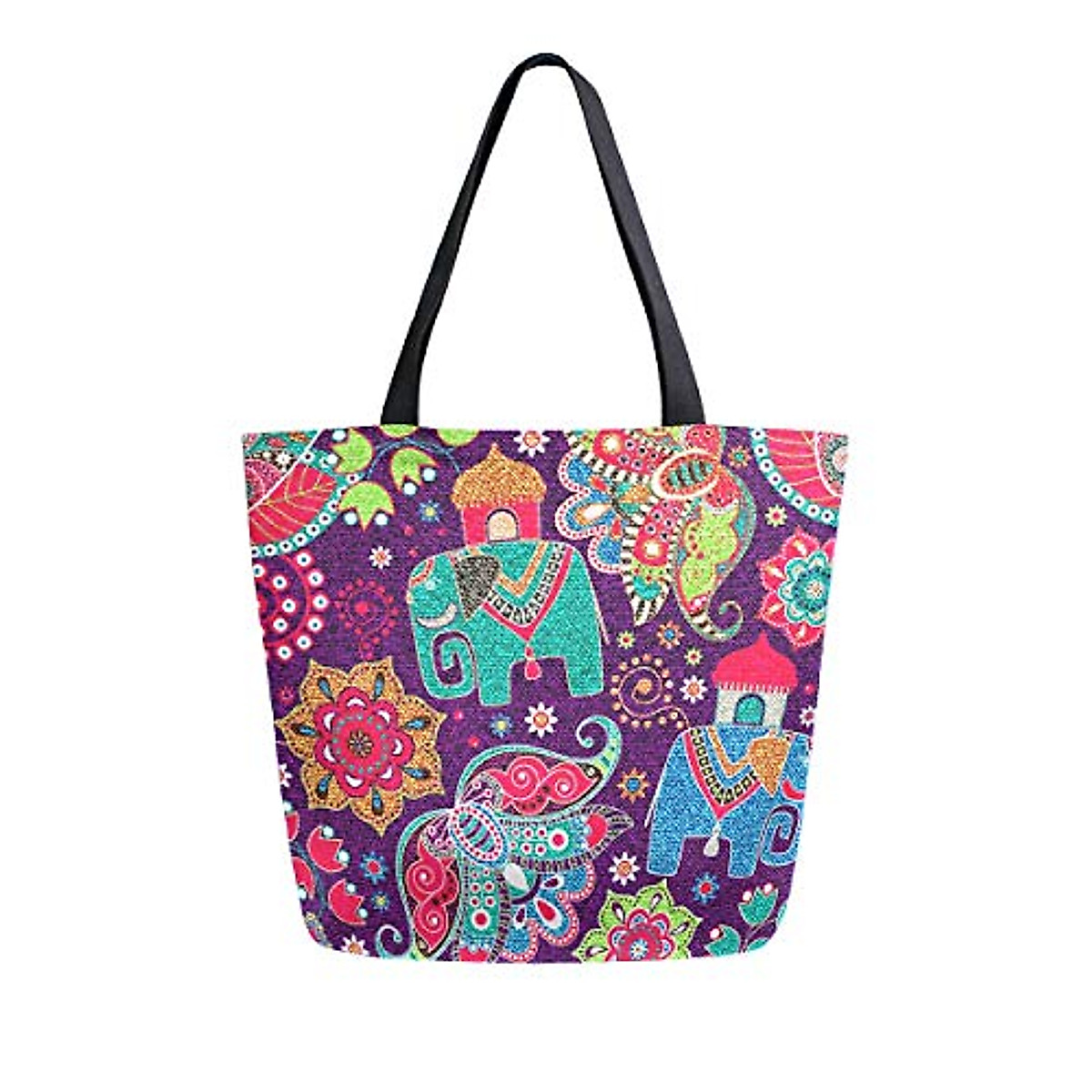 ALAZA Large Canvas Tote Bag Cute Indian Floral Elephant Shopping Shoulder Handbag with Small Zippered Pocket