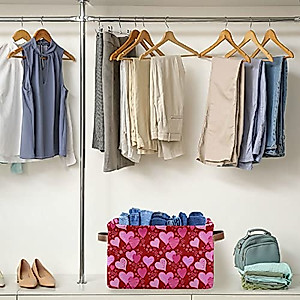 Pink Red Love Heart Storage Basket Fabric Laundry Baskets Happy Valentine's Day Storage Boxes Organizer Bag for Baby Cloth Dog Toy Book Storage Cubes Shelf Closet Bins 16×12×8 Inches