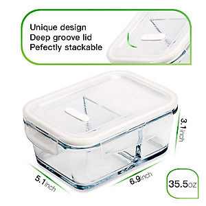 DAS TRUST 5 Pack 35.5oz Food Storage Containers 2 Compartments Glass Meal Prep Containers with Lids for Adult Food Prep Containers with Dividers Reusable Lunch Bento Box Bowls