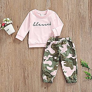 Mandizy Kids Toddler Girl Spring Fall Outfits Blessed Letter Print Long Sleeve Sweatshirt Tops and Camouflage Pants Clothes Set (Pink, 3-4T)