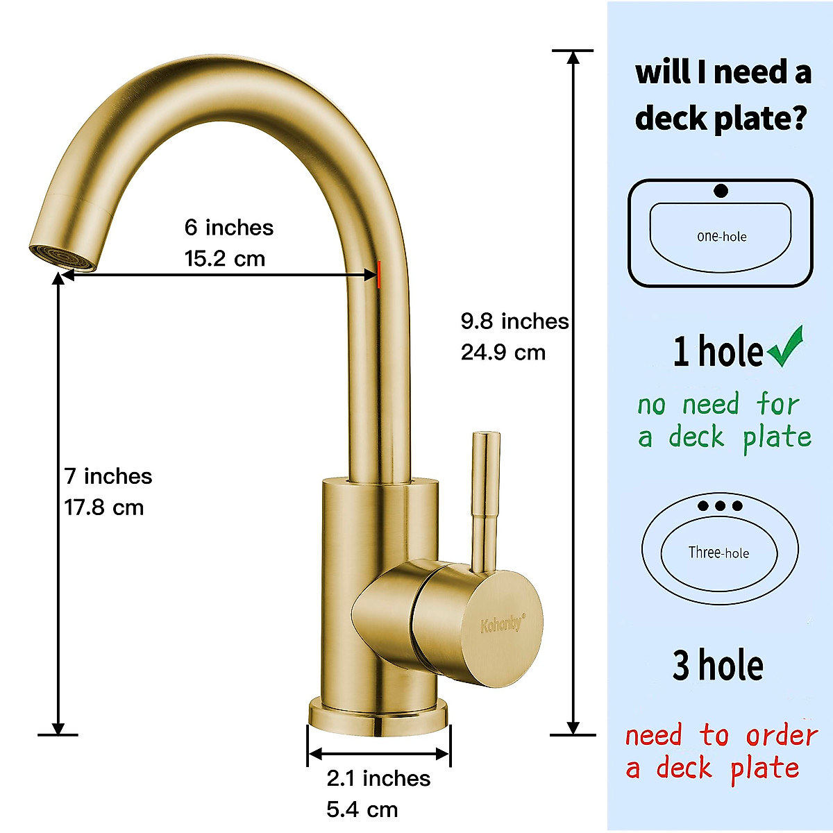 Kohonby Wet Bar Sink Faucet Single Hole Brushed Gold, Modern Single Handle Bathroom Sink Faucet Commercial Stainless Steel Prep Sink Faucet