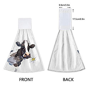 Oarencol Vintage Cow Daisy Flower Kitchen Hand Towel Farm Animal Absorbent Hanging Tie Towels with Loop for Bathroom 2 Pcs