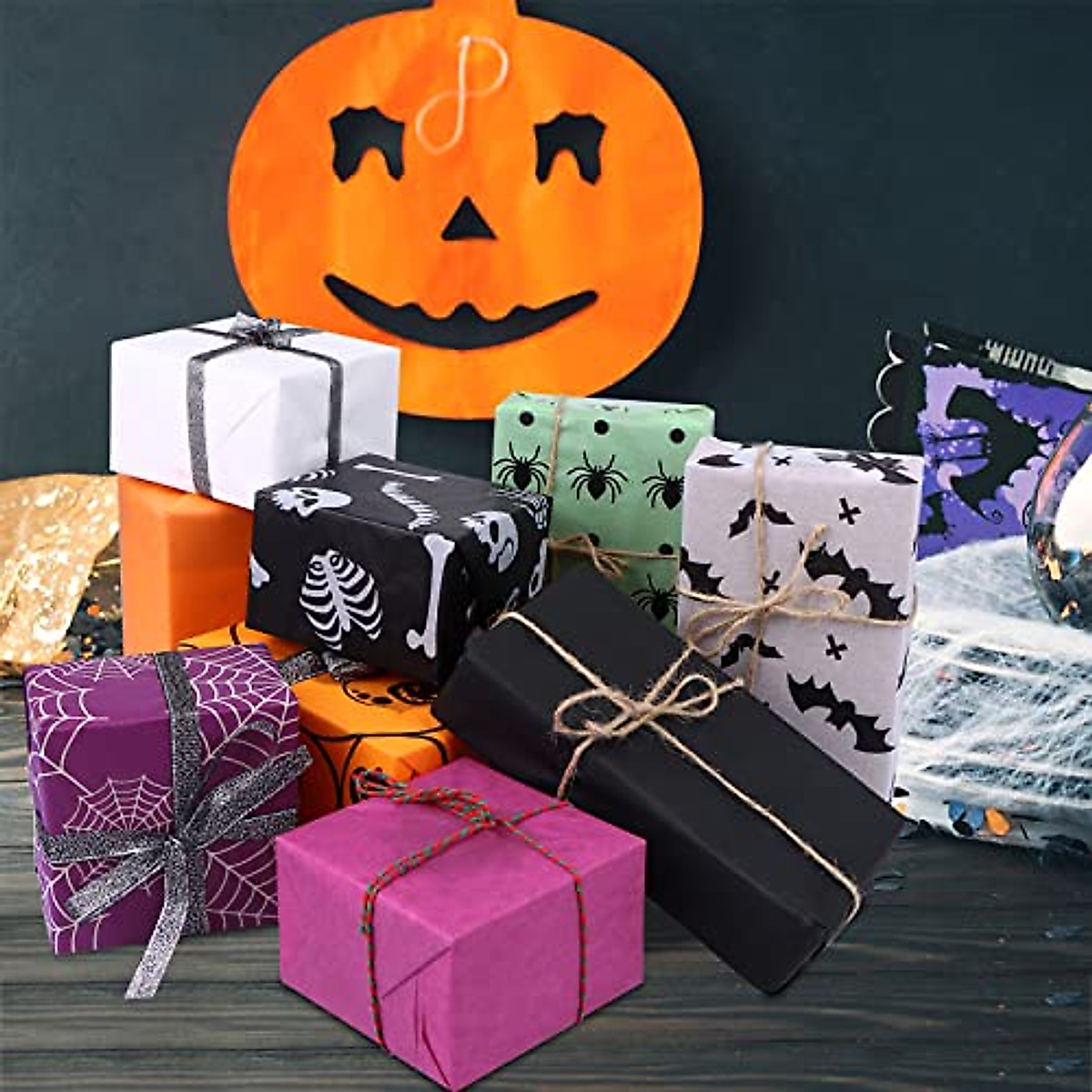 100 Sheets Halloween Tissue Paper Black Orange Wrapping Paper Bat Pumpkin Spider Tissue Paper Skull Gift Wrapping Tissue for Birthday Party Gift Bag DIY Crafts