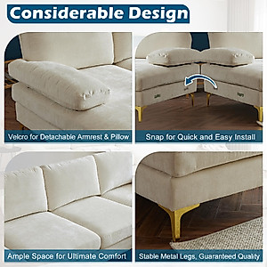 VINGLI 110" Large U-Shape Sectional Sofa Couch with 51" D Double Chaise for Living Room, Modern Sectional Couch Set with Soft 5.9" Thickness Seating Padding, Chenille Fabric,Metal Gold Legs(Beige)