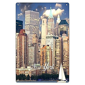 Personalized Metal Tin Sign Skyline New York City Landscape Home Décor Garage Signs for Front Door Outside House USA Street Painting State Building Art Poster Gift for Bathroom 12x18in