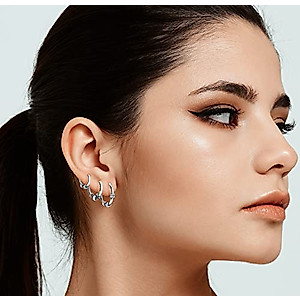 Hoops & Loops 925 Sterling Silver 10mm,12mm, 14mm Balinese Beaded Rope Lightweight Endless Hoop Earrings for Teen Girls Women Men, 3 Pairs Silver