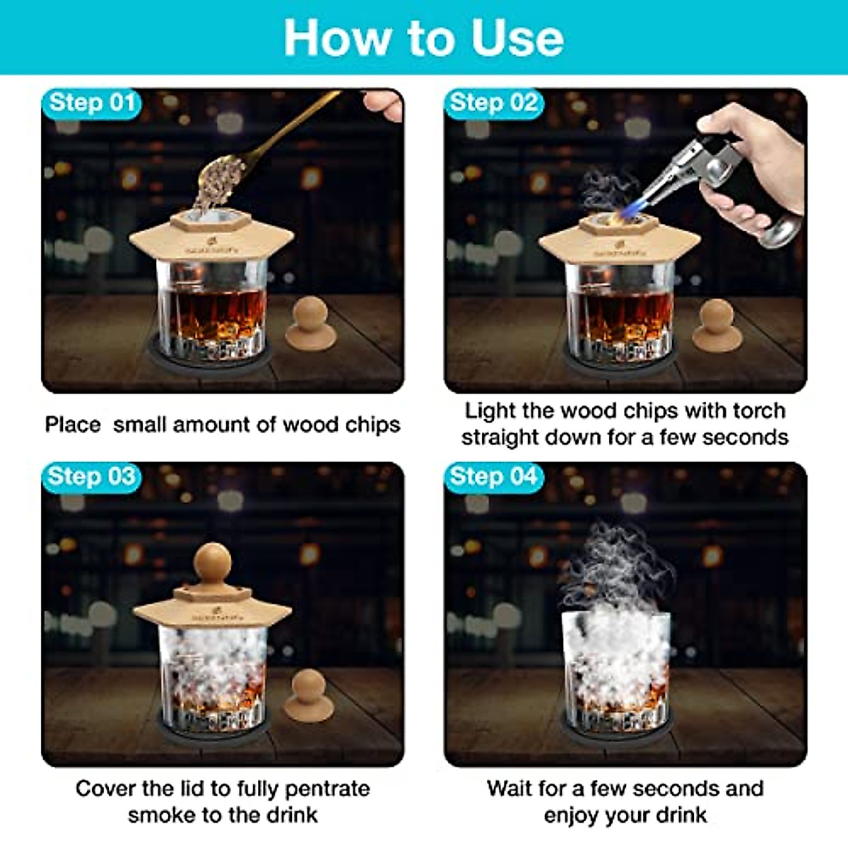 Sereneify Cocktail Smoker kit with Torch - Old Fashioned Smoker Kit with 4 Wood Chips, Bourbon Smoker Kit for Drinks, Gift for Men, Easy to Use Whiskey Smoker kit (No Butane)
