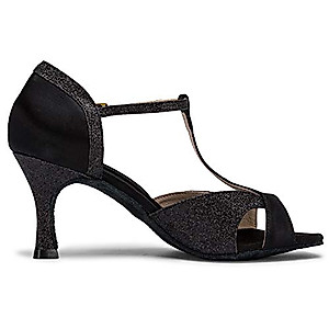 JIAJIA 2055 Women's Satin Sandals Flared Heel Latin Salsa Performance Dance Shoes Color Black,Size 9 B(M) US/40 EU