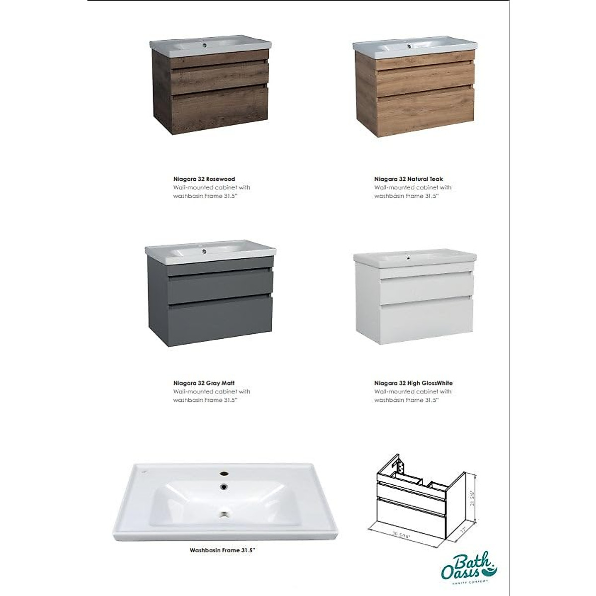 Modern Wall-Mounted Bathroom Vanity with Washbasin | Niagara White High Gloss Collection with Side Vanity Cabinet | Non-Toxic Fire-Resistant MDF-44 (32+12)-Omega Collection 24"