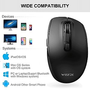 WisFox Bluetooth Mouse, Silent Wireless Mouse Come with 2 Modes (Bluetooth 3.0/5.0 + USB), Multi-Device Portable Cordless Mouse for Laptop, iPad, MacOS, PC, Windows, Android (Black)