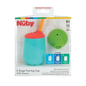 Nuby First Training Cup Set - Silicone Tumbler with Spout and Straw Combo - 4 oz - 6+ Months - Neutral