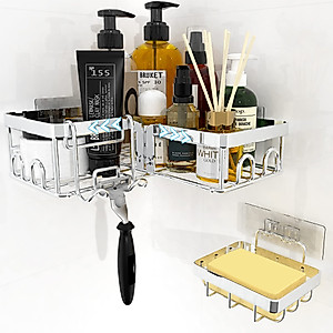 ETECHMART Corner Shower Caddy, 0°- 330°Rotation Adhesive Shower Shelves Organizer for Bathroom, SUS304 Rustproof Floating Storage Rack for Inside with Hooks, No Drilling - 2 Pack/Sliver