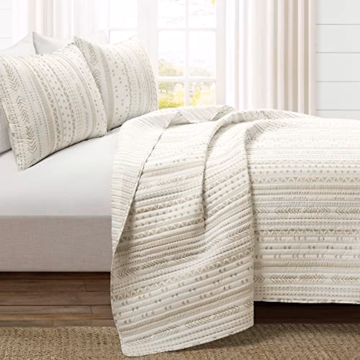 Lush Decor Hygge Stripe Oversized Reversible 3 Piece Quilt Set, Full/Queen, Neutral & White